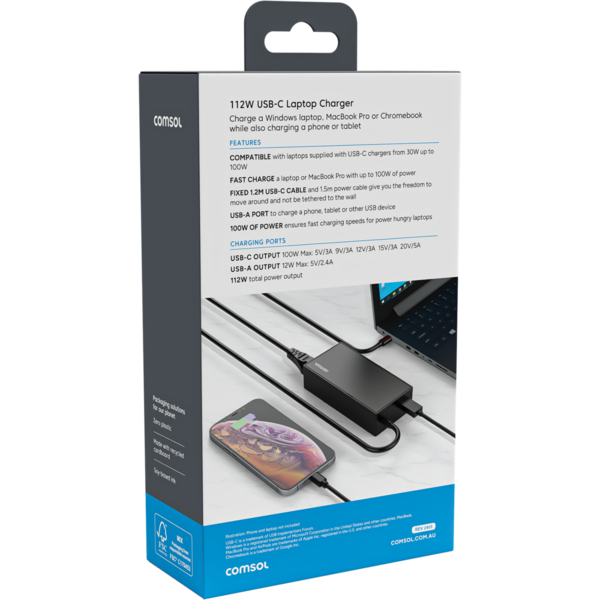 112W USB-C Laptop Charger with USB-A Port